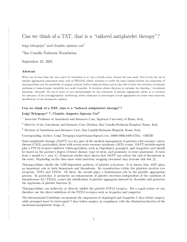 (PDF) Can we think of a TAT, that is a “tailored antiplatelet therapy ...