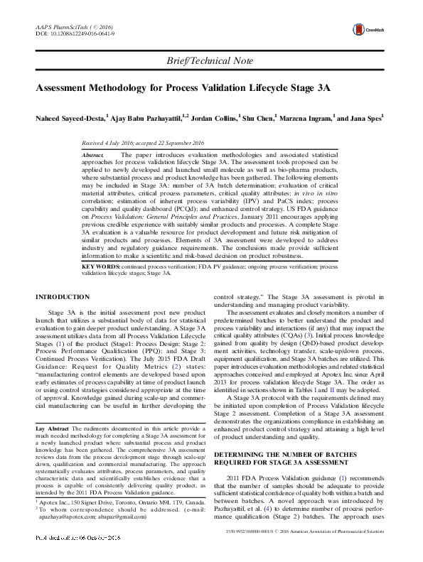 (PDF) Assessment Methodology for Process Validation Lifecycle Stage 3A
