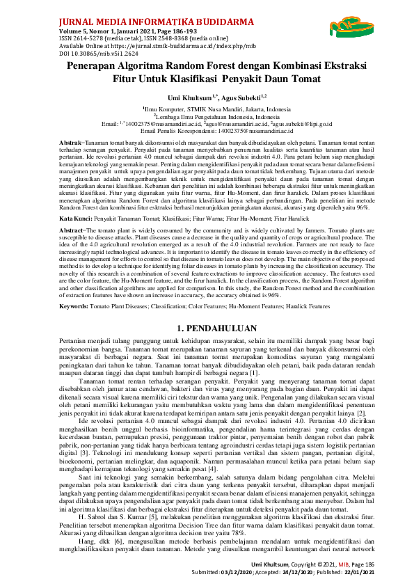 Pdf Penerapan Algoritma Random Forest Dengan Kombinasi Ekstraksi Fitur Untuk Klasifikasi