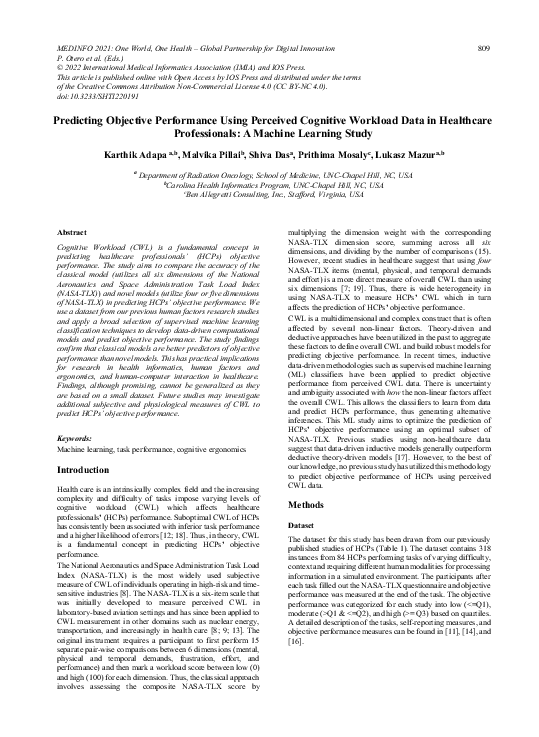 (PDF) Predicting Objective Performance Using Perceived Cognitive Workload Data in Healthcare ...