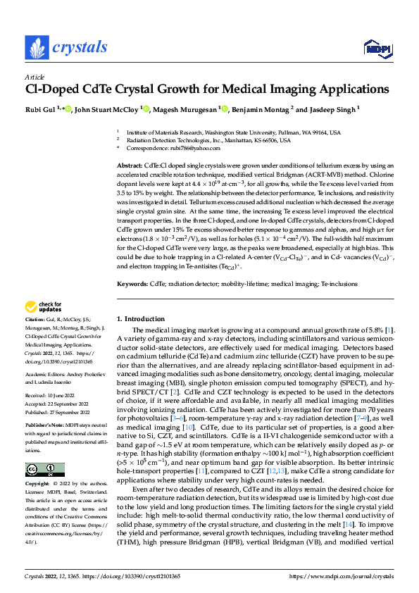 (PDF) Cl-Doped CdTe Crystal Growth for Medical Imaging Applications