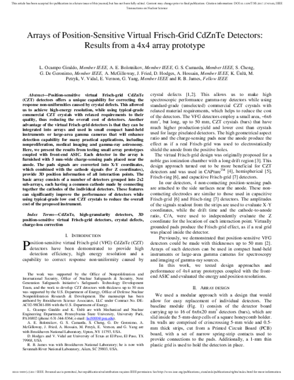 (PDF) Arrays of Position-Sensitive Virtual Frisch-Grid CdZnTe Detectors ...