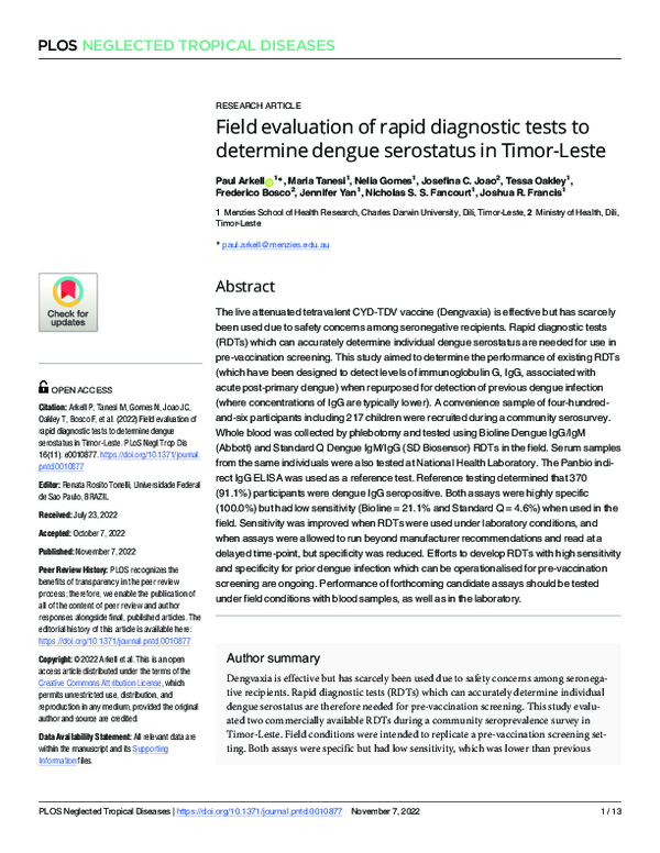 (PDF) Field evaluation of rapid diagnostic tests to determine dengue ...