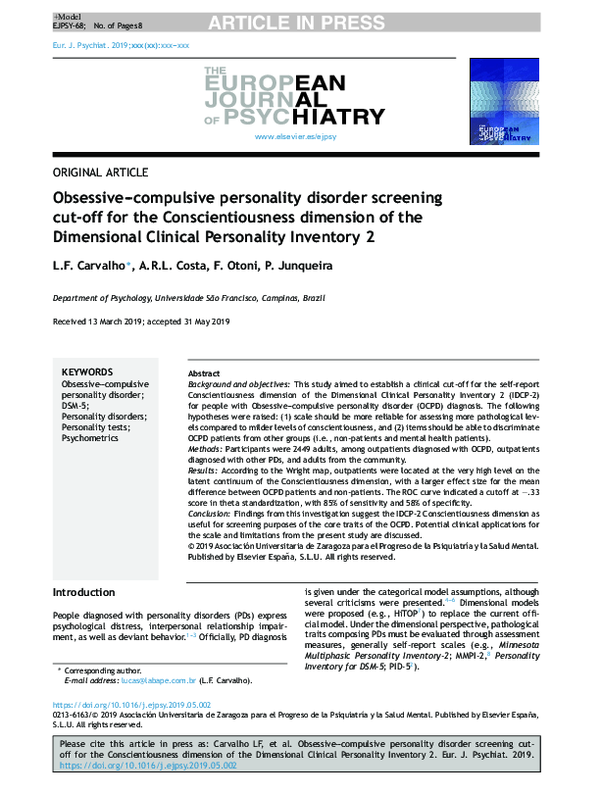 (PDF) Obsessive–compulsive personality disorder screening cut-off for ...
