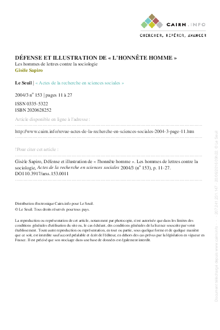 (PDF) Défense et illustration de « l'honnête homme » | Gisèle Sapiro ...