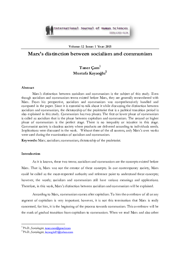 (PDF) Marx’s distinction between socialism and communism