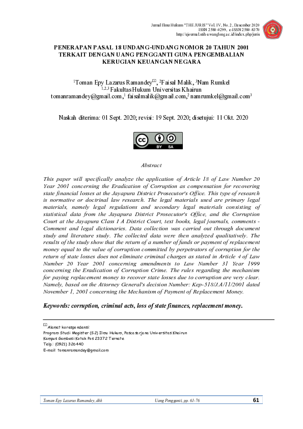 (PDF) Penerapan Pasal 18 Undang-Undang Nomor 20 Tahun 2001 Terkait Dengan Uang Pengganti Guna ...