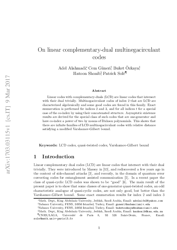(PDF) On linear complementary-dual multinegacirculant codes