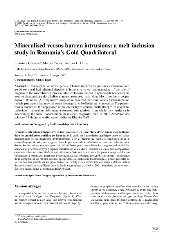 (PDF) Mineralised versus barren intrusions: a melt inclusion study in ...