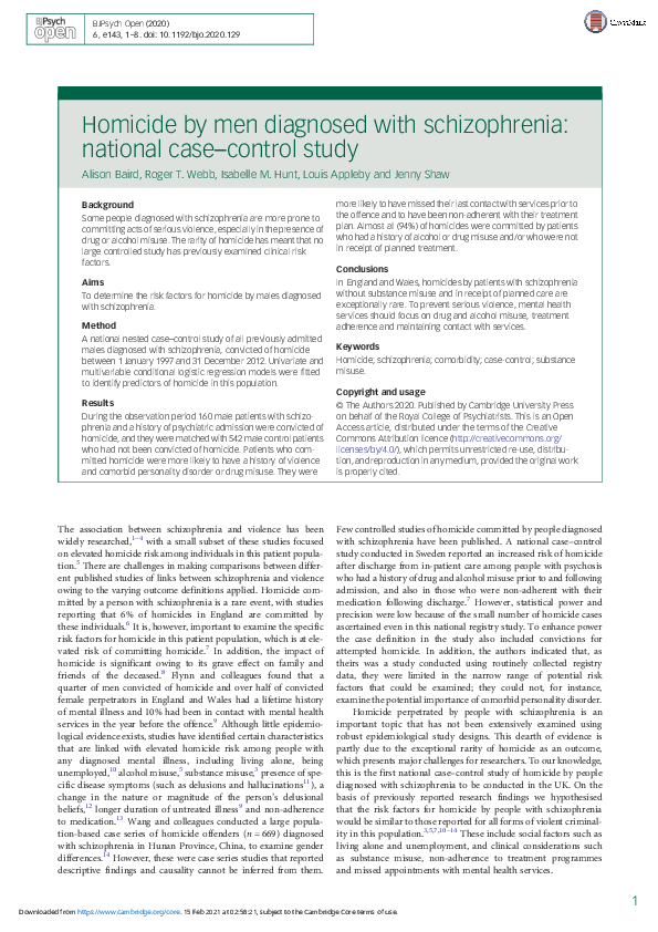 (PDF) Homicide by men diagnosed with schizophrenia: national case ...
