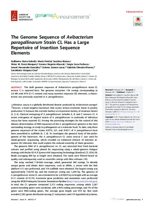 (PDF) The Genome Sequence of Avibacterium paragallinarum Strain CL Has a Large Repertoire of ...