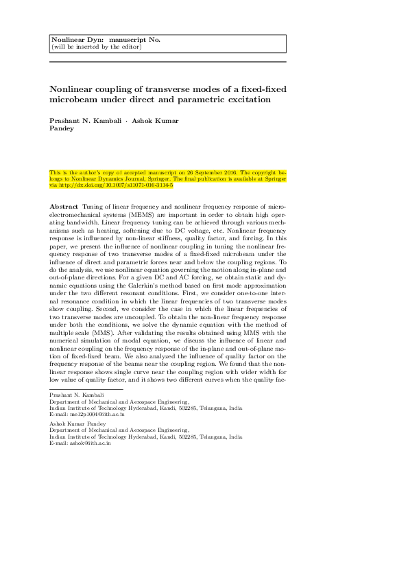 Pdf Nonlinear Coupling Of Transverse Modes Of A Fixedfixed Microbeam
