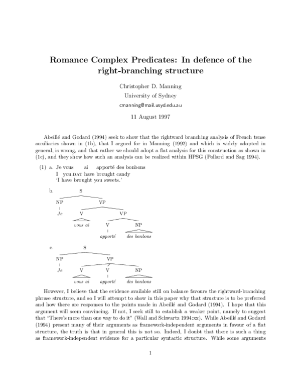 Pdf Romance Complex Predicates In Defence Of The Right Branching