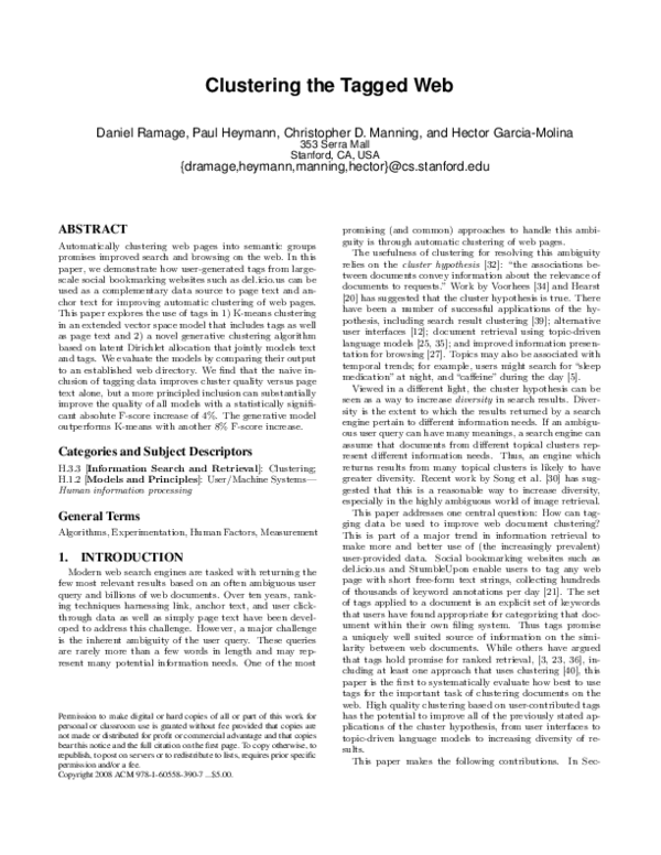 Pdf Clustering The Tagged Web