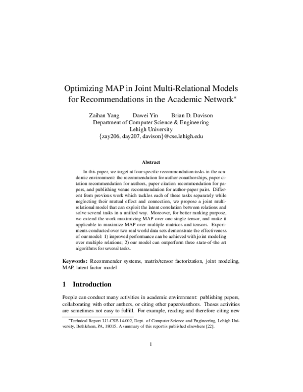 (PDF) Optimizing map in joint multi relational models for recommendations in academic network