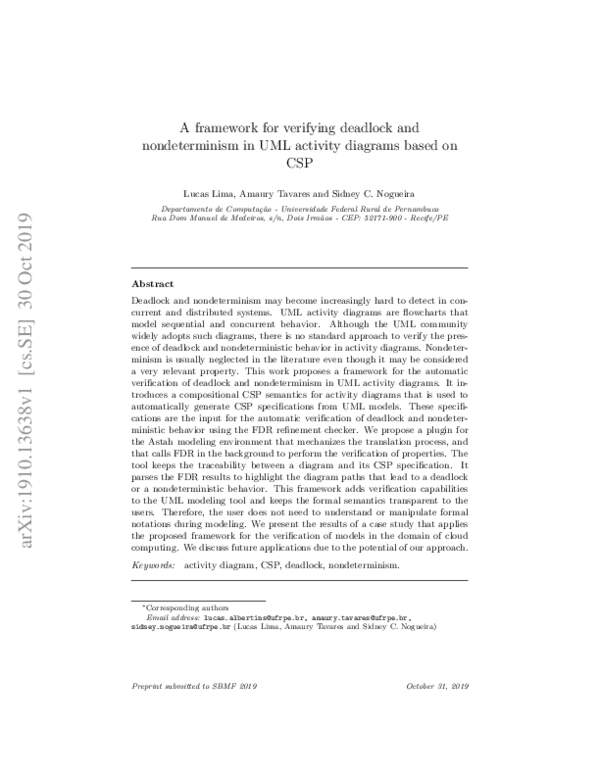 Pdf A Framework For Verifying Deadlock And Nondeterminism In Uml Activity Diagrams Based On