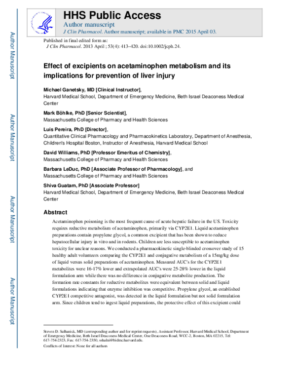 (PDF) Effect of Excipients on Acetaminophen Metabolism and Its ...