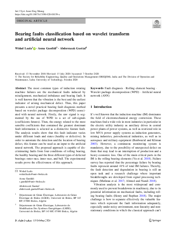 Pdf Bearing Faults Classification Based On Wavelet Transform And 1706