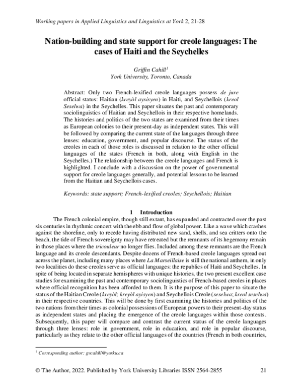 (PDF) Nation-building and state support for creole languages