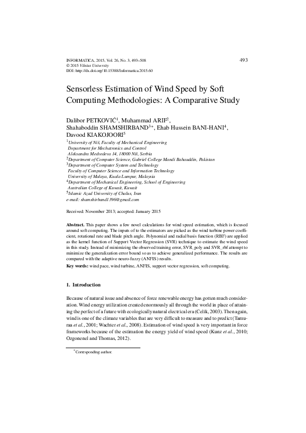 (PDF) Sensorless Estimation of Wind Speed by Soft Computing Methodologies: A Comparative Study