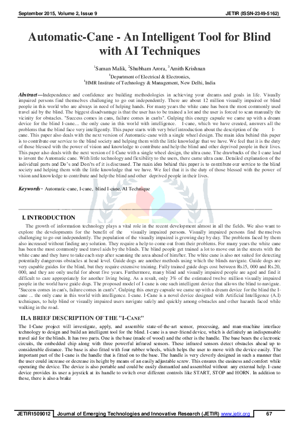 (PDF) Automatic-Cane - An Intelligent Tool For Blind With AI Techniques