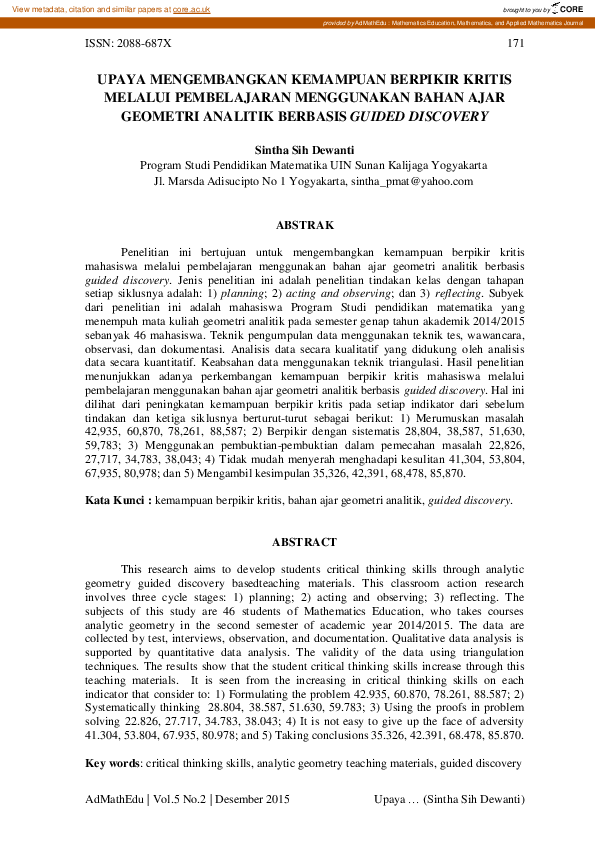 (PDF) Upaya Mengembangkan Kemampuan Berpikir Kritis Melalui Pembelajaran Menggunakan Bahan Ajar ...