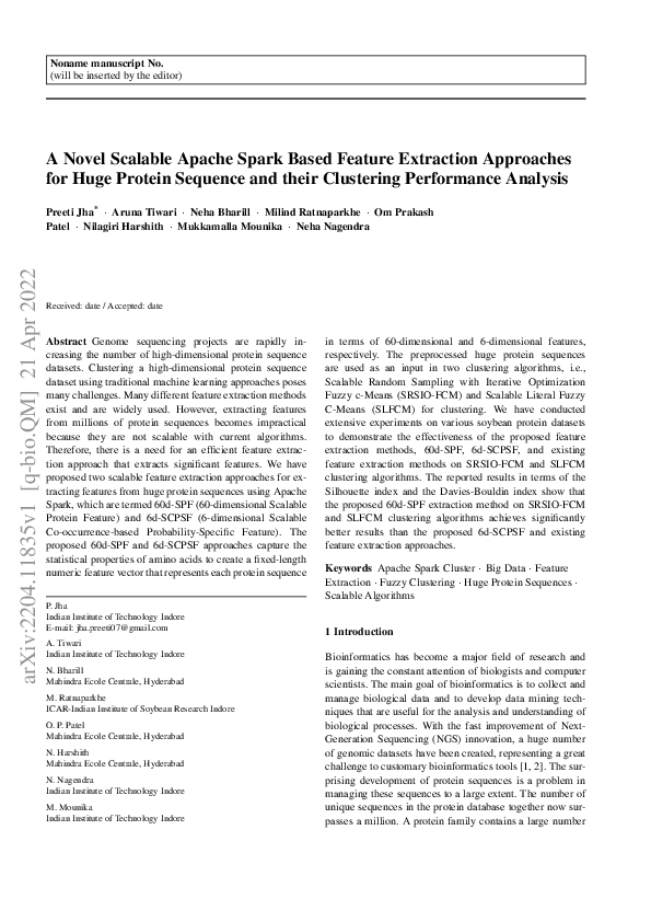 Pdf A Novel Scalable Apache Spark Based Feature Extraction Approaches For Huge Protein