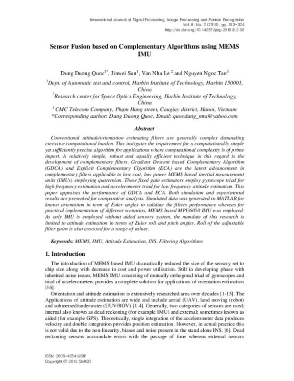 Pdf Sensor Fusion Based On Complementary Algorithms Using Mems Imu 