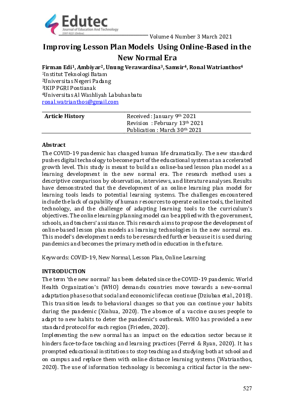 (PDF) Improving Lesson Plan Models Using Online-Based in the New Normal Era
