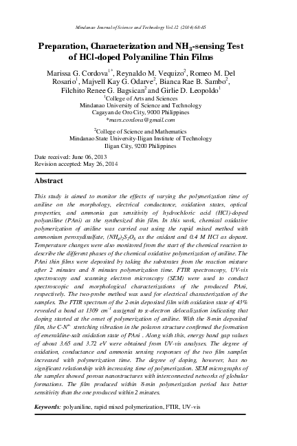 (PDF) Preparation, Characterization and NH3 -sensing Test of HCl -doped ...