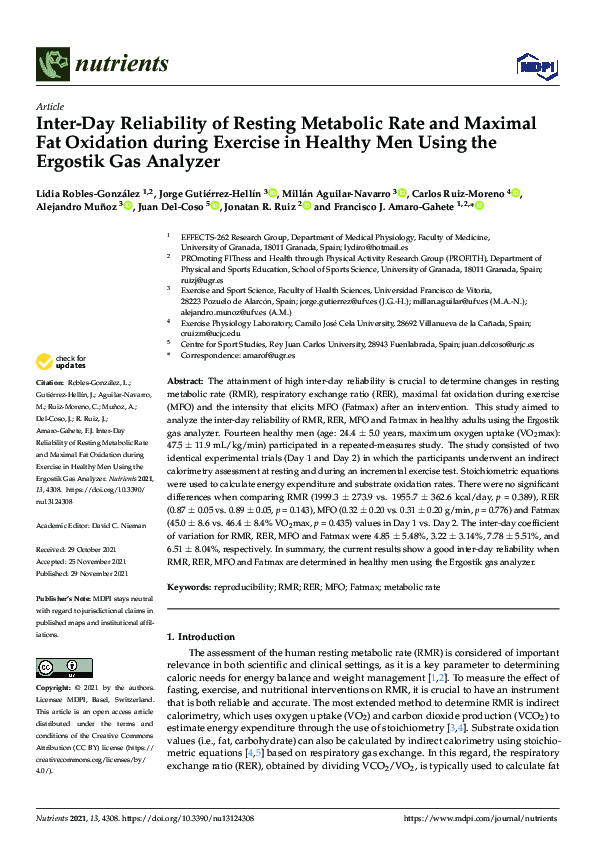 (PDF) Inter-Day Reliability of Resting Metabolic Rate and Maximal Fat Oxidation during Exercise ...