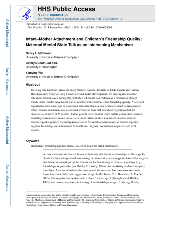 (PDF) Infant–mother attachment and children's friendship quality ...