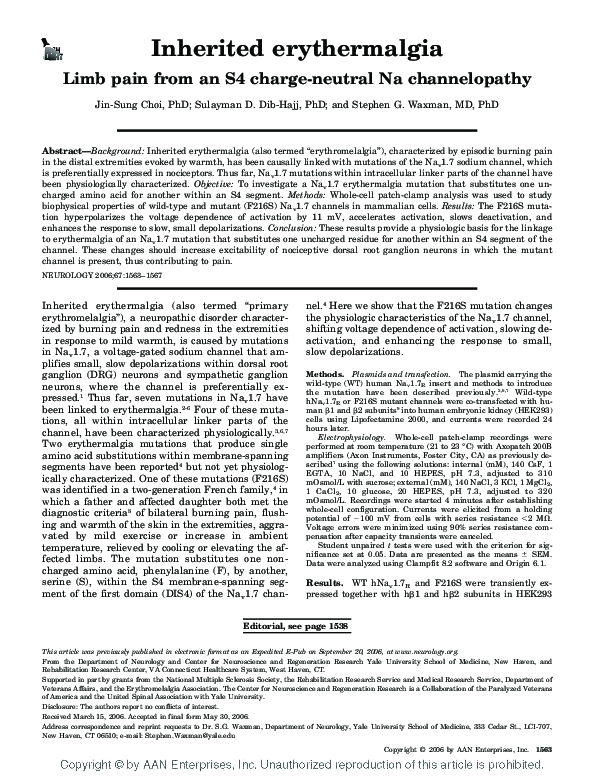 (PDF) Inherited erythermalgia: Limb pain from an S4 charge-neutral Na ...
