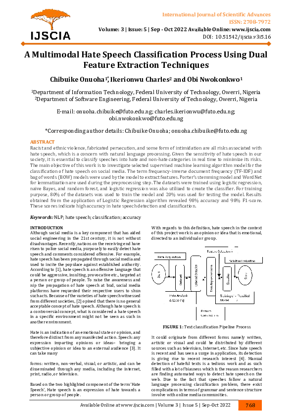 Pdf A Multimodal Hate Speech Classification Process Using Dual Feature Extraction Techniques