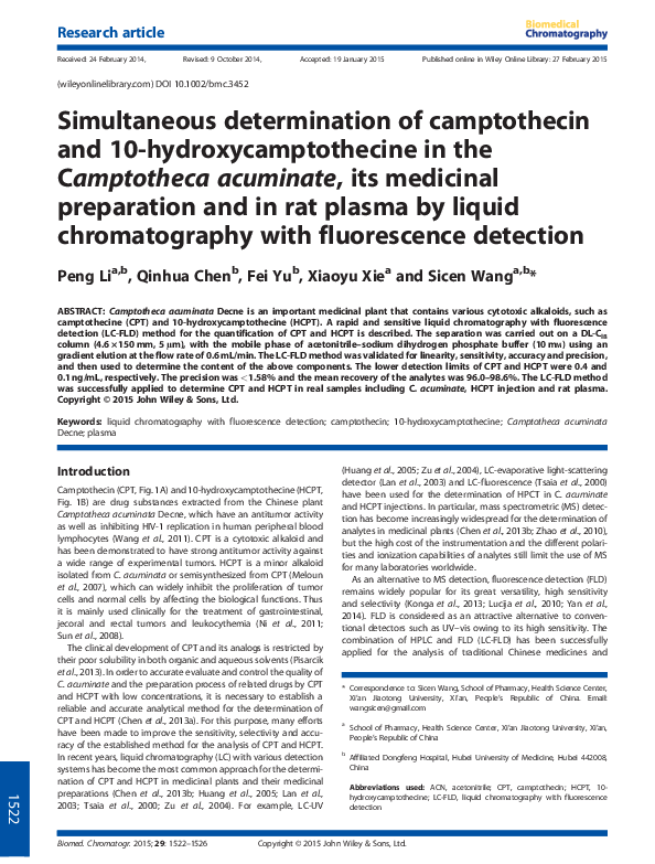 (PDF) Simultaneous determination of camptothecin and 10 ...