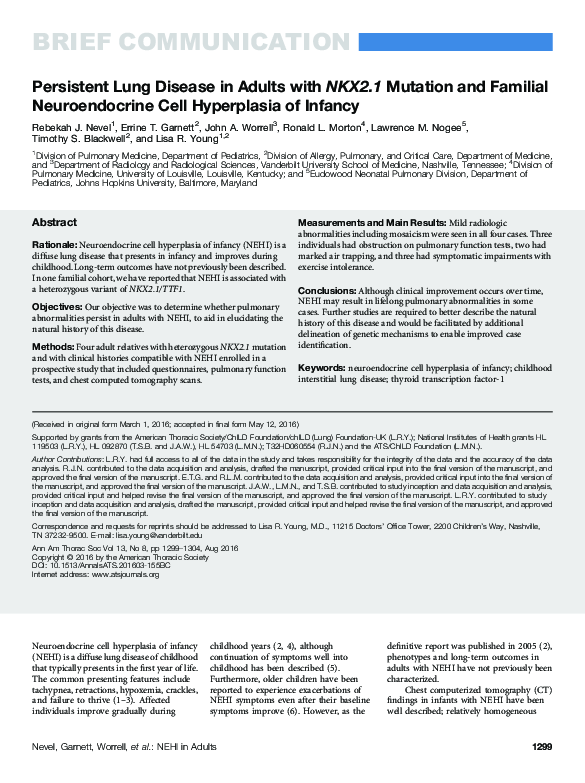 (PDF) Persistent Lung Disease in Adults with NKX2.1 Mutation and ...