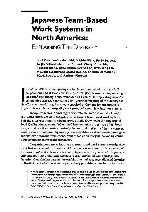 (PDF) Japanese Team-Based Work Systems in North America: Explaining the ...