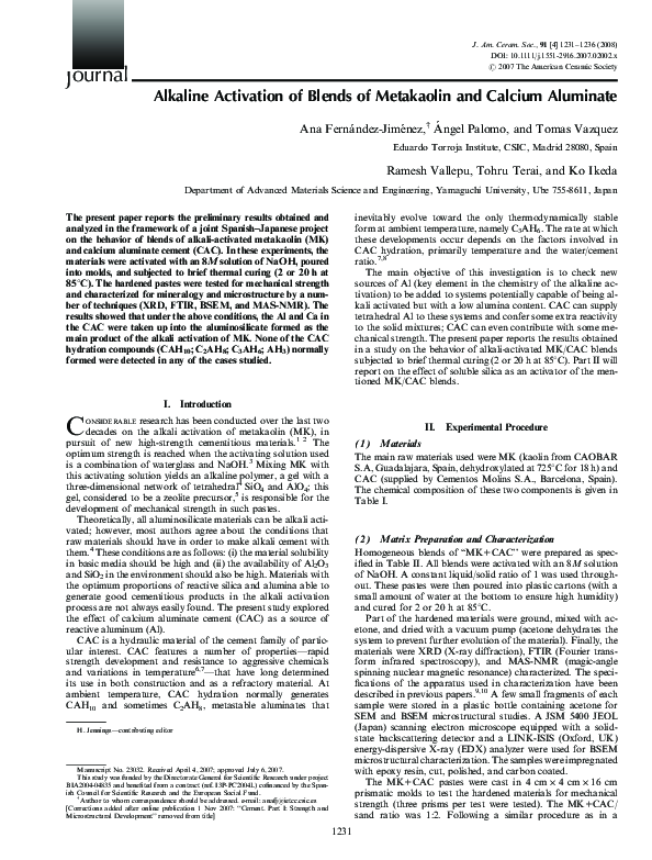 (PDF) Alkaline Activation of Blends of Metakaolin and Calcium Aluminate