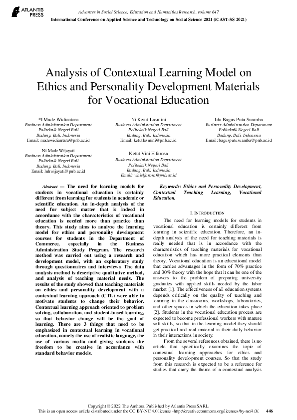 (PDF) Analysis of Contextual Learning Model on Ethics and Personality Development Materials for ...