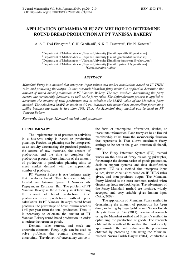 (PDF) Application of Mamdani Fuzzy Method to Determine Round Bread Production at PT Vanessa ...