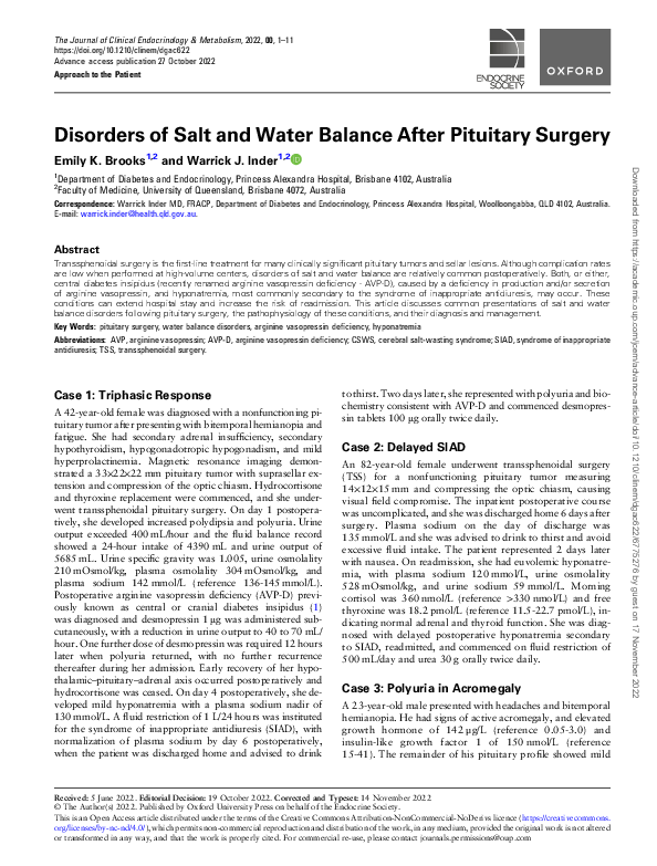 (PDF) Disorders of Salt and Water Balance After Pituitary Surgery
