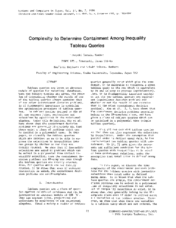 (PDF) Complexity to determine containment among inequality tableau queries | Nobuki TOKURA ...