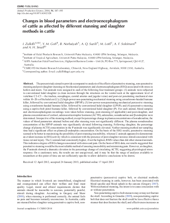 (PDF) Changes in blood parameters and electroencephalogram of cattle as ...
