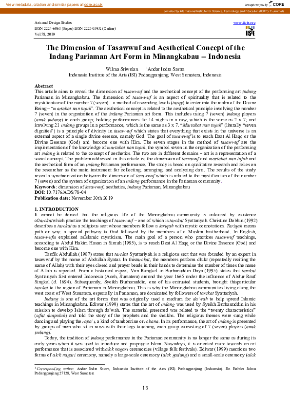(PDF) The Dimension of Tasawwuf and Aesthetical Concept of the Indang Pariaman Art Form in ...