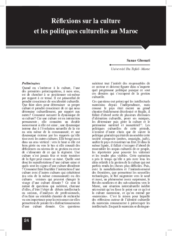 (PDF) Réﬂexions sur la culture et les politiques culturelles au Maroc ...