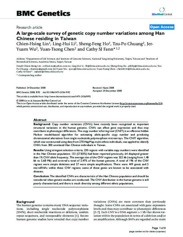 Pdf A Large Scale Survey Of Genetic Copy Number Variations Among Han Chinese Residing In Taiwan