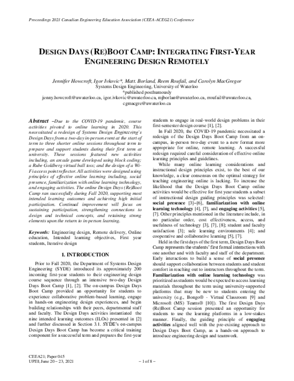 (PDF) Design Days (Re)Boot Camp: Integrating First-Year Engineering ...