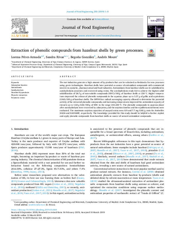(PDF) Extraction of phenolic compounds from hazelnut shells by green processes | Sandra Rivas ...