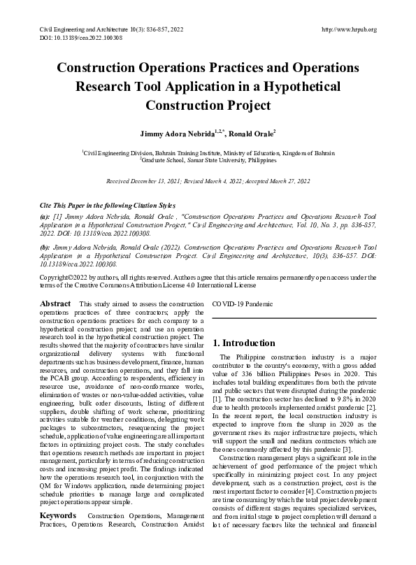 (PDF) Construction Operations Practices and Operations Research Tool ...