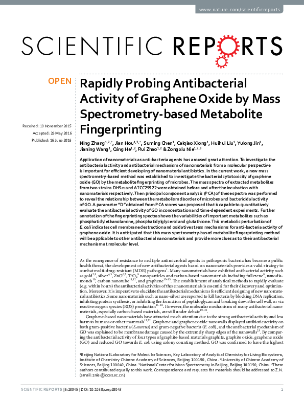 (PDF) Rapidly Probing Antibacterial Activity of Graphene Oxide by Mass Spectrometry-based ...